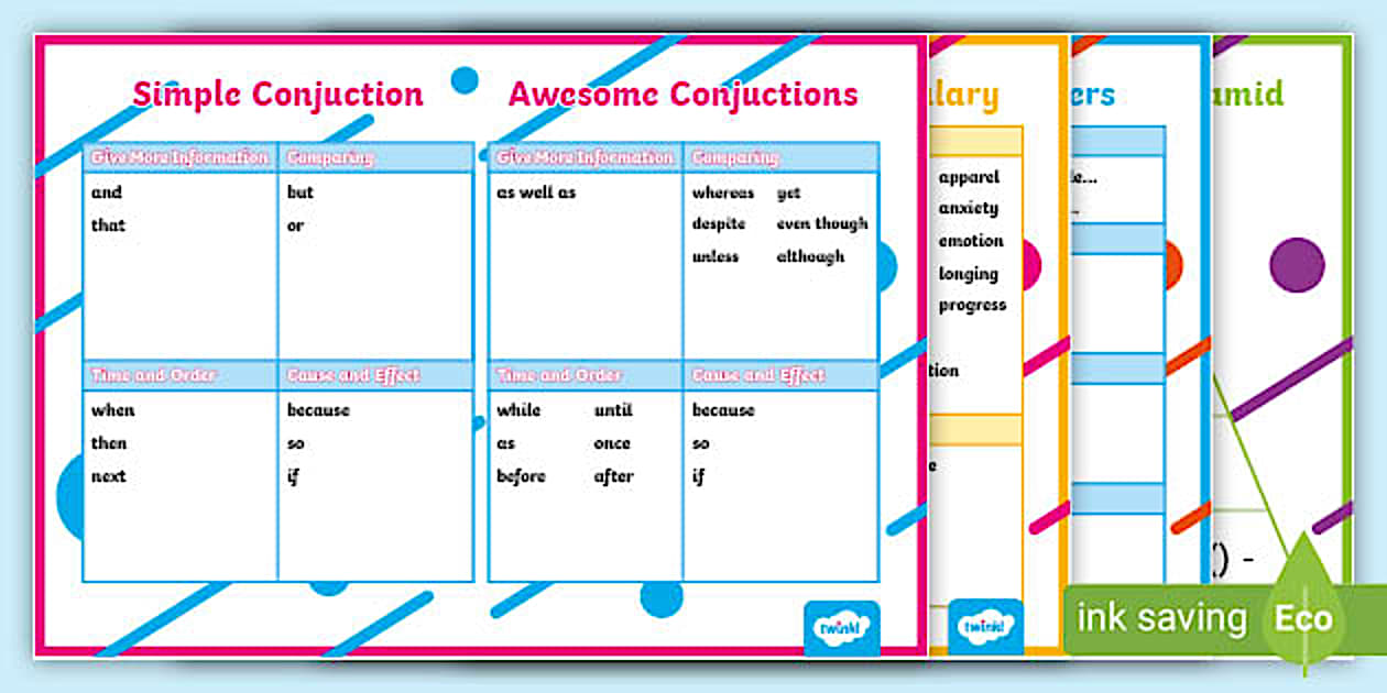 VCOP Table Card Vocabulary Conjunctions Openers Punctuation