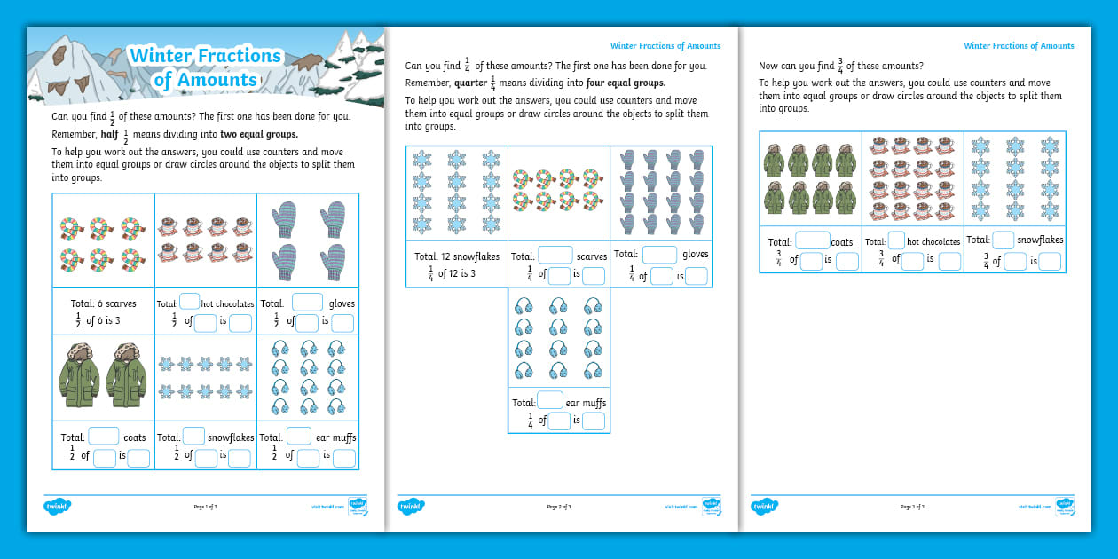 Winter-Themed Finding Fractions of Amounts Activity Sheet