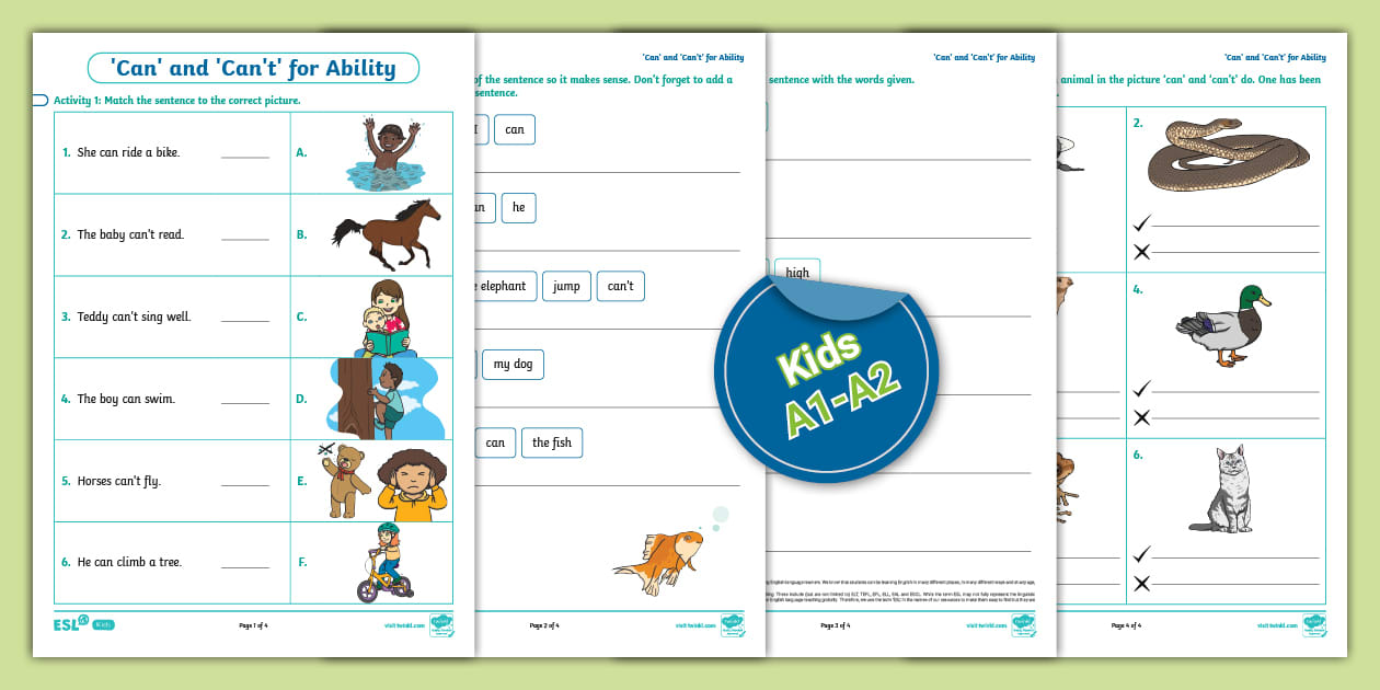 ESL 'Can' and 'Can't' for Ability Activity Sheet [Kids, A1-A2]
