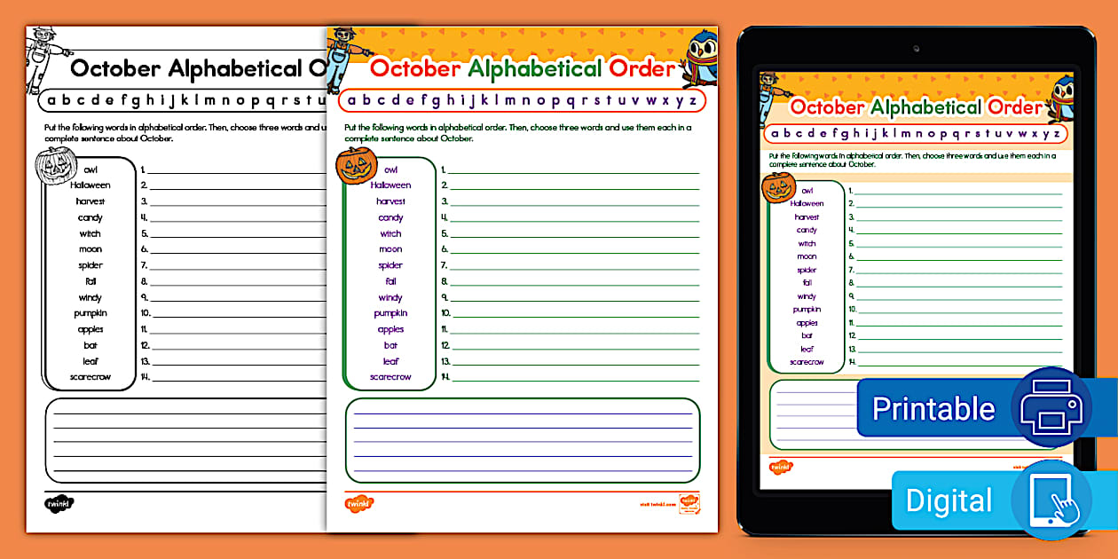 October Alphabetical Order for ELL (teacher made) - Twinkl