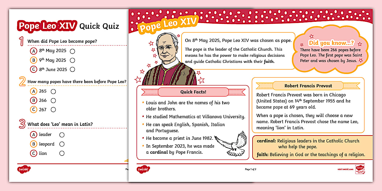 KS1 Pope Leo XIV Fact File and Quick Quiz (teacher made)