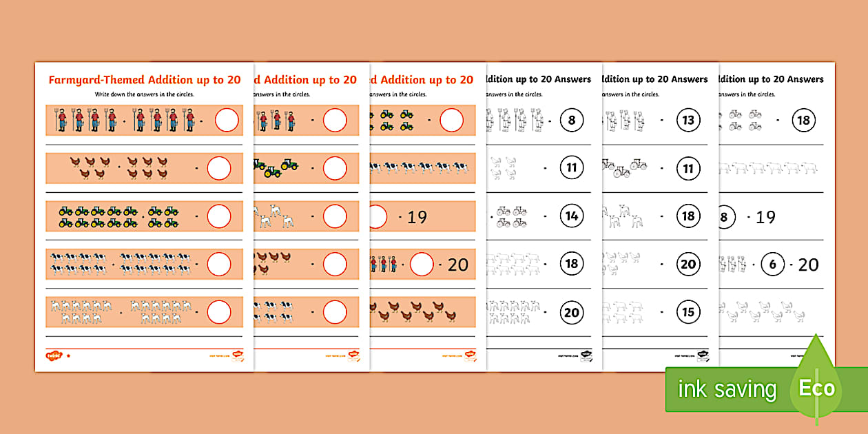Farm-Themed Addition to 20 Worksheet (teacher made) - Twinkl
