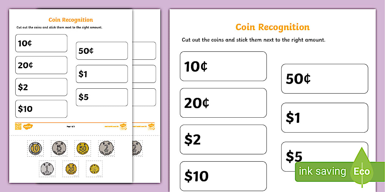 Hong Kong Money - Matching coins worksheet (teacher made)