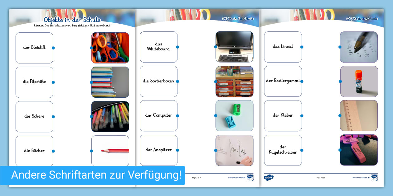 Objekte in der Schule - Passende Arbeitsblatt (teacher made)