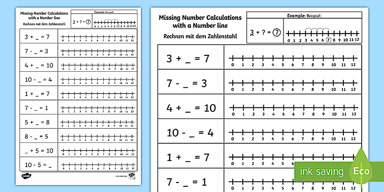 Missing Number Calculations with a Number Line Worksheet English/German