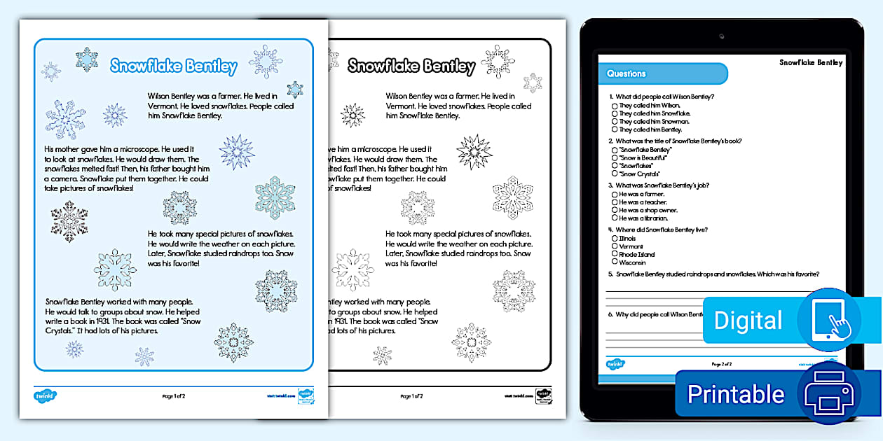 First Grade Snowflake Bentley Reading Comprehension Worksheet