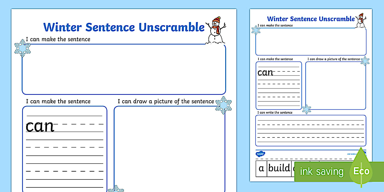 Winter Sentence Unscramble Worksheets