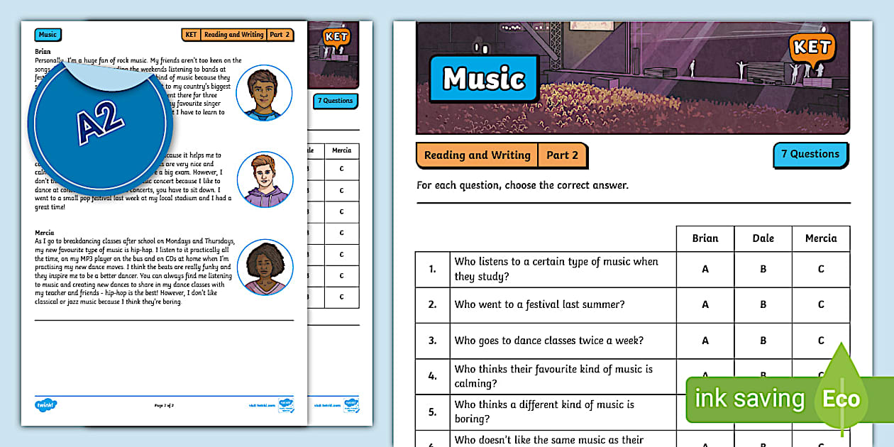 ESL A2 Key Reading and Writing Part 2 Worksheet (Music)