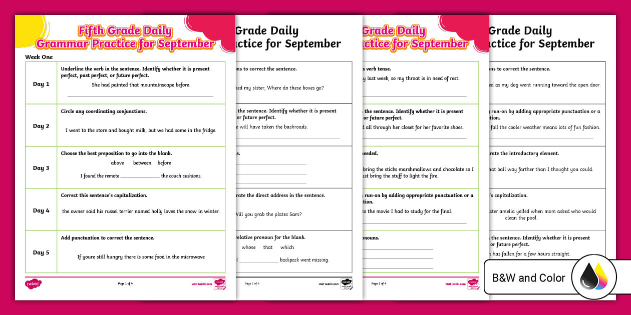 Fifth Grade Daily Grammar Practice for September - Twinkl