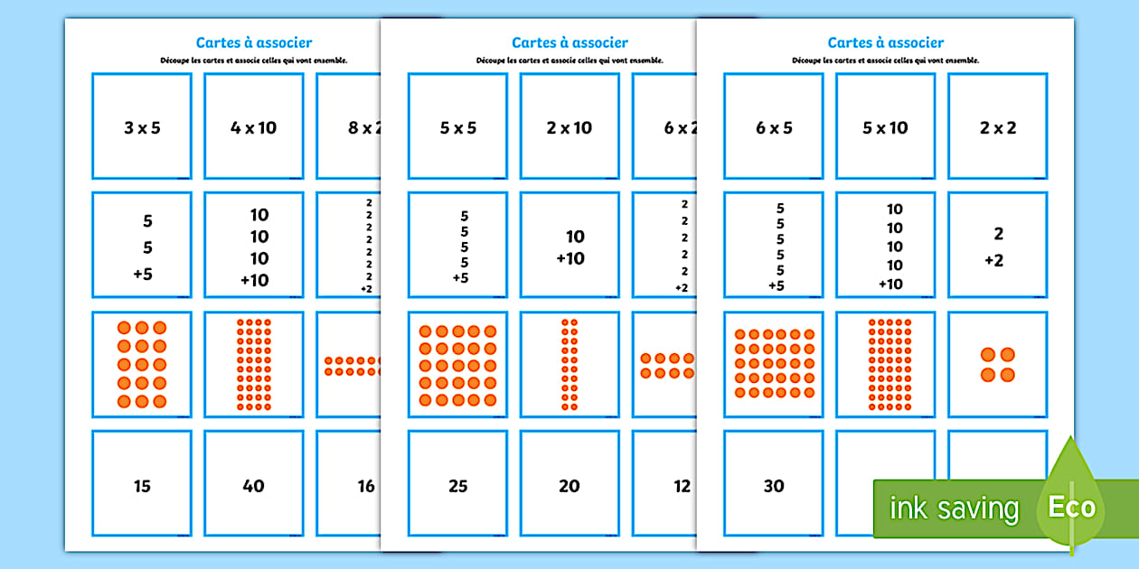Carte à associer: les tables de multiplications de 2, 5 et 10 Feuille