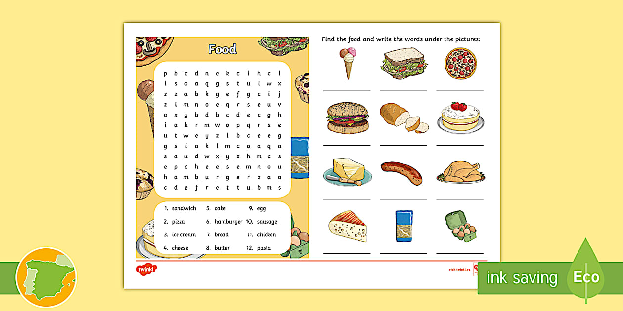 Black and White Food Vocabulary Word Search (teacher made)