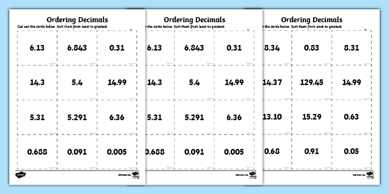 Ordering Decimals Worksheet for 3rd-5th Grade (teacher made)