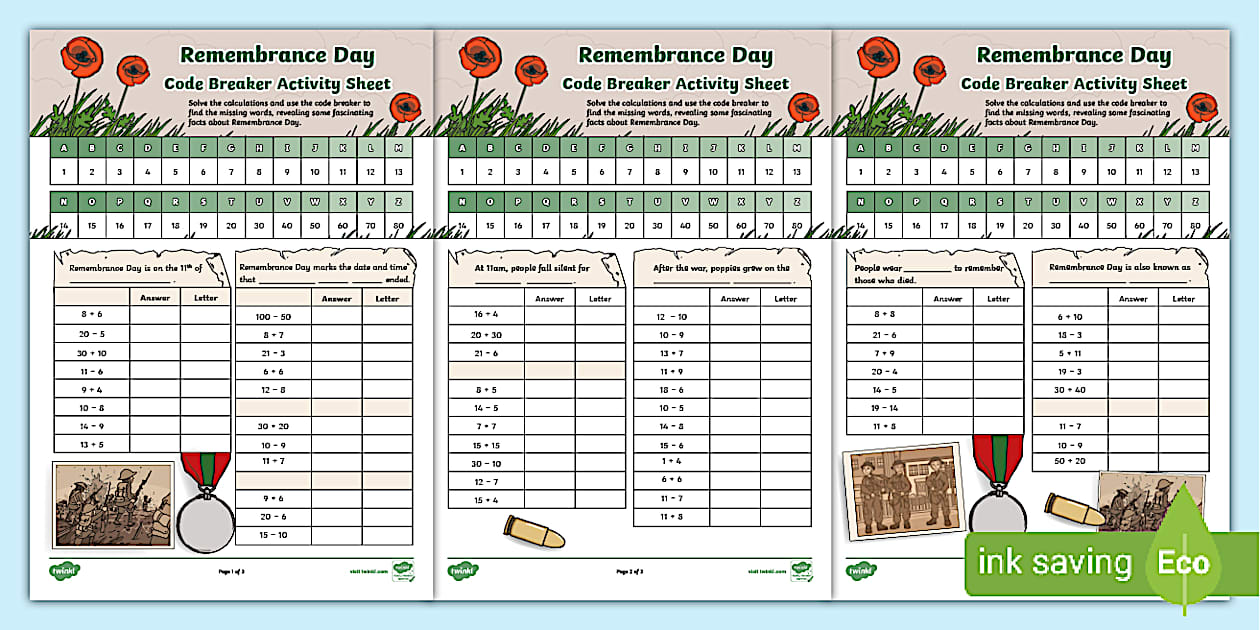 👉 Year 2 Remembrance Day Code Breaker Activity Sheet
