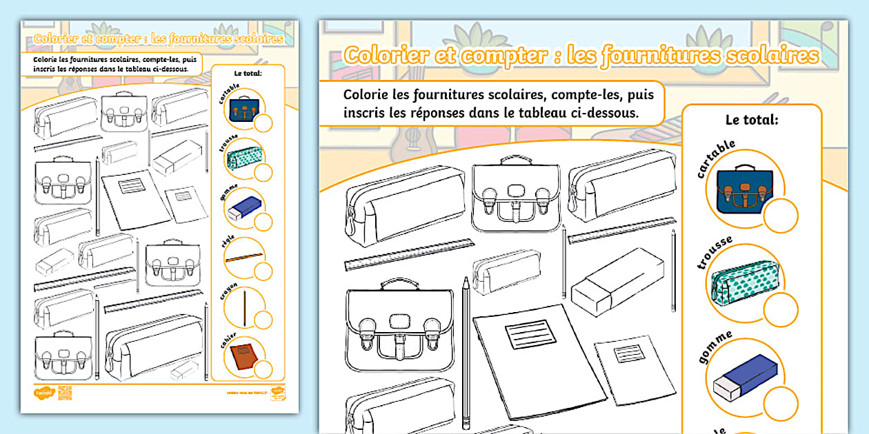 Colorier et compter : les fournitures scolaires