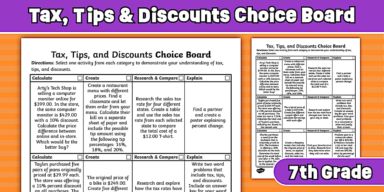 Tax, Tips, and Discounts Choice Board Extension Activity