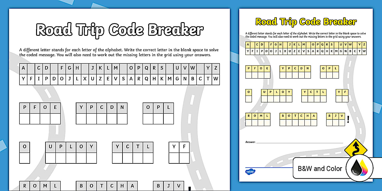 Road Trip Code Breaker Worksheet for 3rd-5th Grade - Twinkl