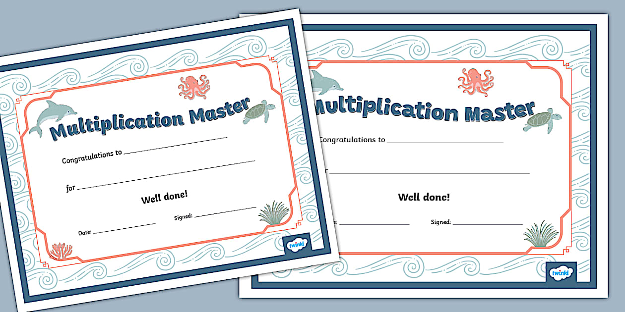 Under The Sea Themed Multiplication Master Certificate