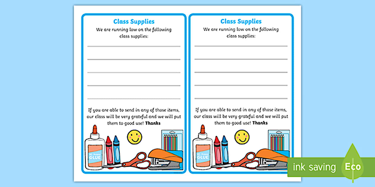 Class Supplies Editable Notes (Teacher-Made) - Twinkl