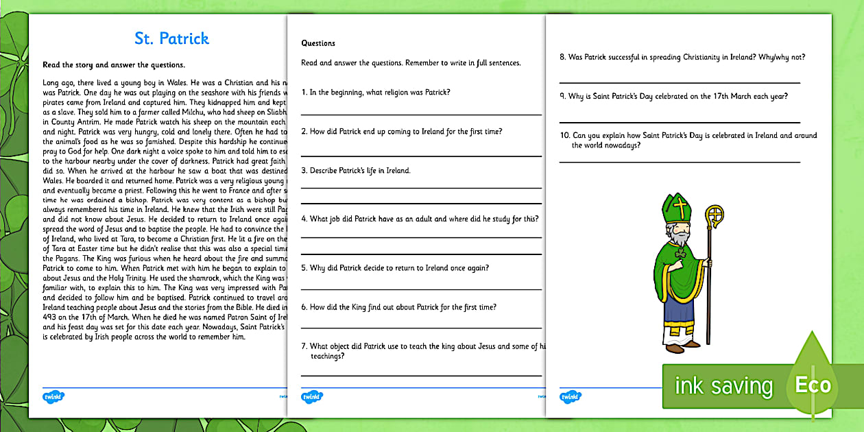 Saint Patrick Comprehension Activity Third and Fourth Class