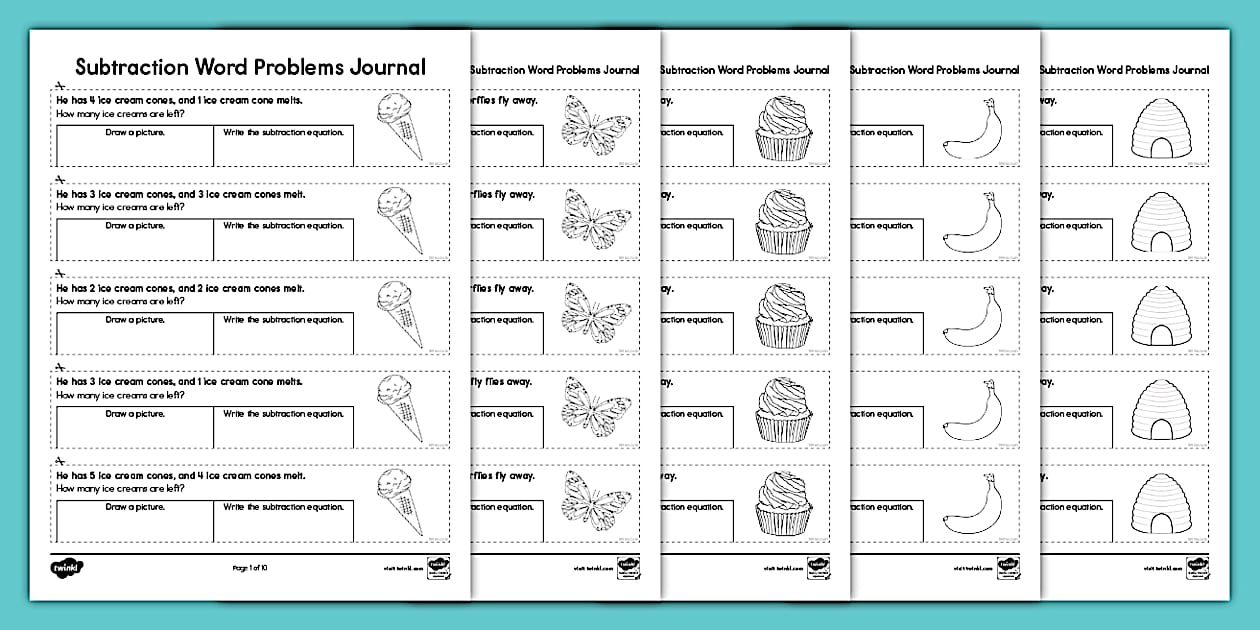 Kindergarten Subtraction Word Problems Journal Prompts