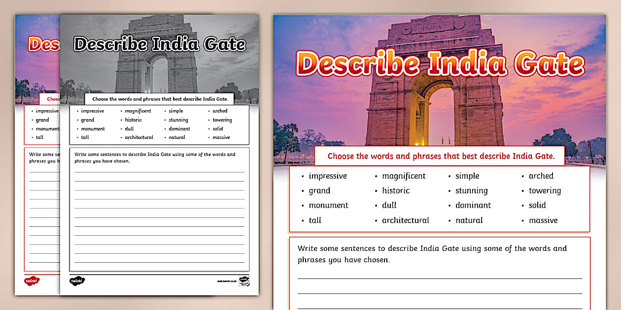 Describe India Gate Worksheet (teacher made) - Twinkl