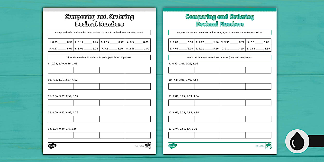 Comparing and Ordering Decimal Numbers Activity Sheet
