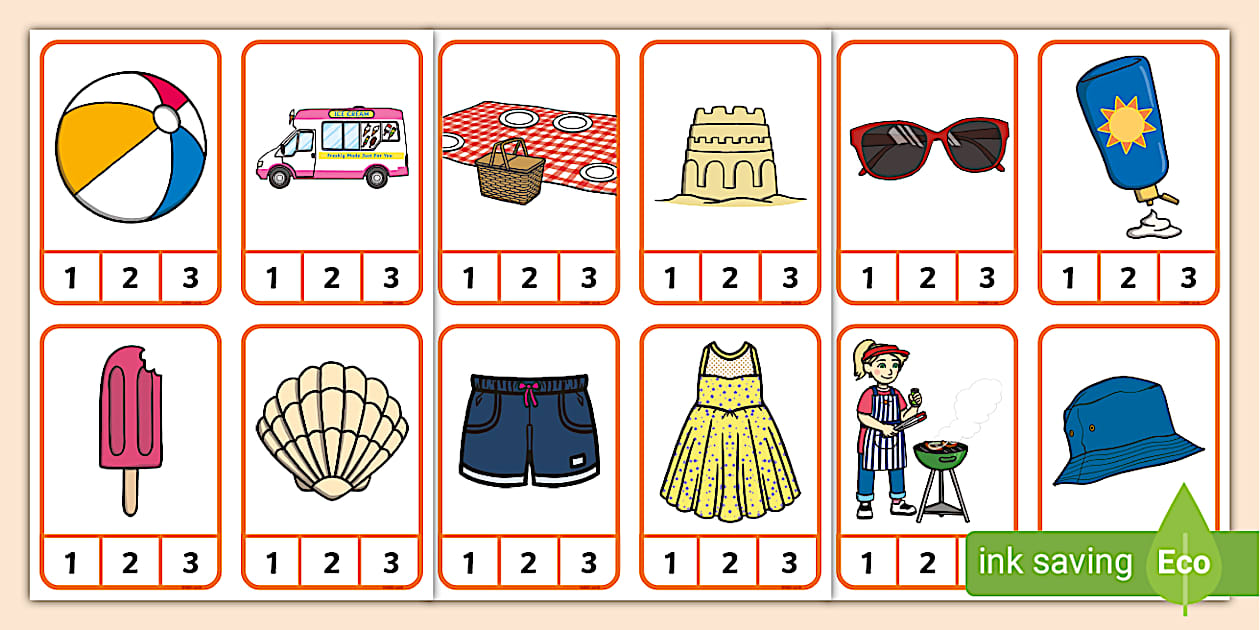 Summer-Themed Counting Syllables Peg Cards (Teacher-Made)