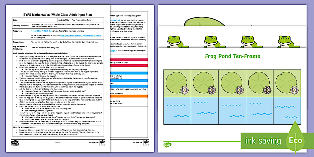 EYFS Maths: Four Frogs Addition Game Whole Class Adult Input Plan and ...