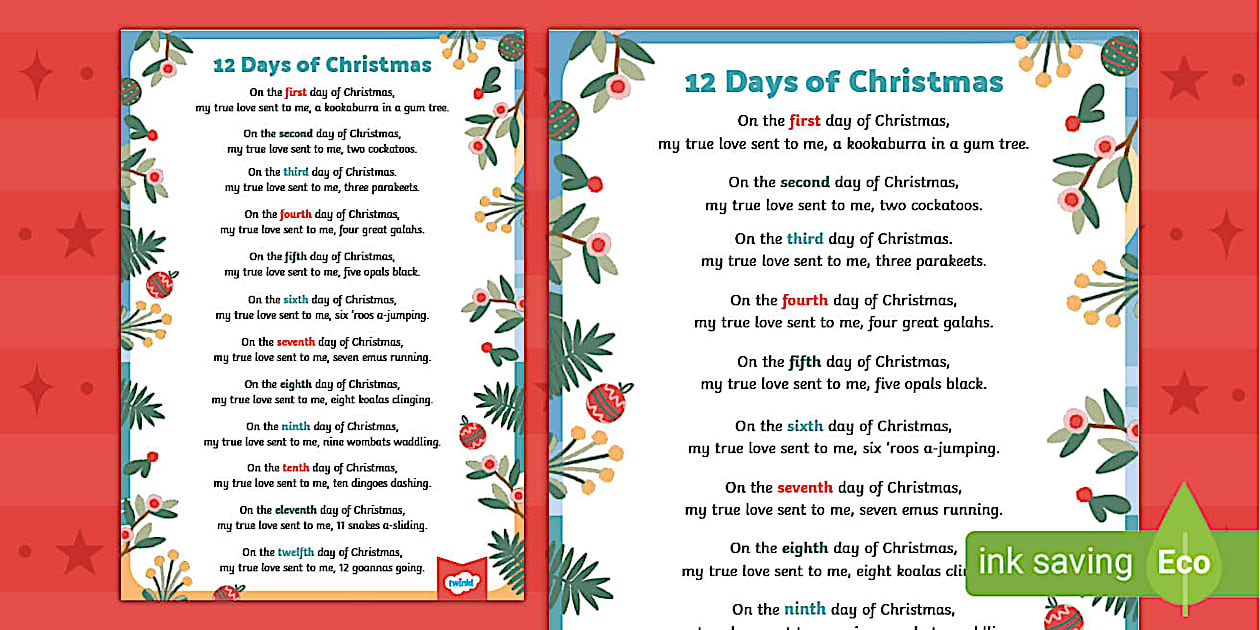 12 Days of Christmas Lyrics in Australia Poster | Twinkl