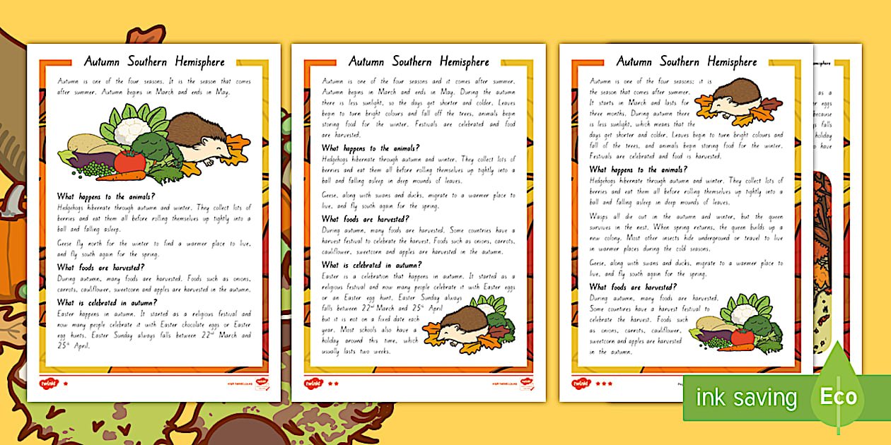 Autumn Southern Hemisphere Differentiated Reading Comprehension Activity