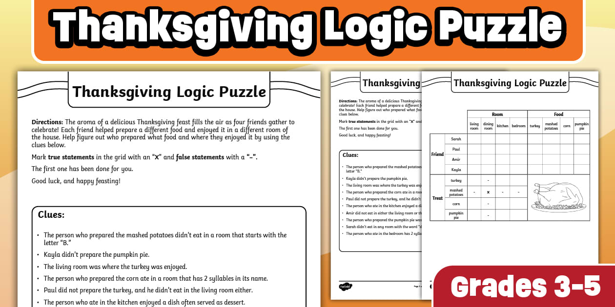 Thanksgiving Dinner Logic Puzzle for 3rd-5th Grade