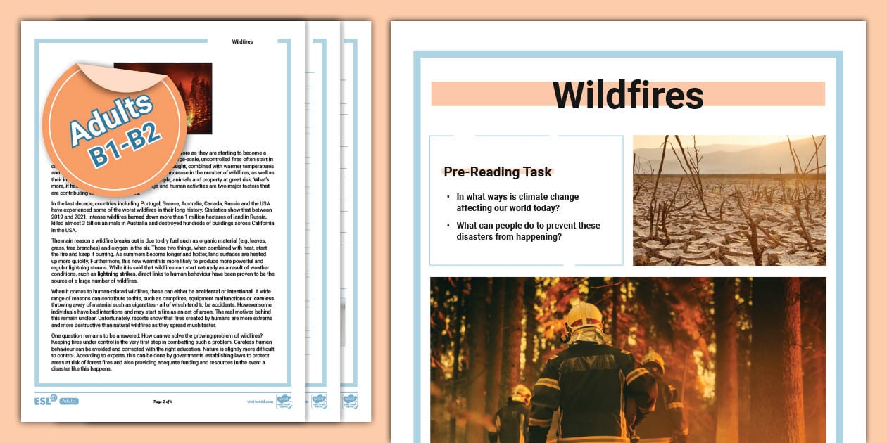 ESL News Comprehension: Wildfires for Adults - Twinkl