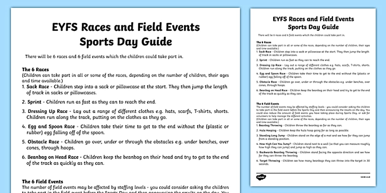 EYFS Races and Field Events Sports Day Guide (teacher made)