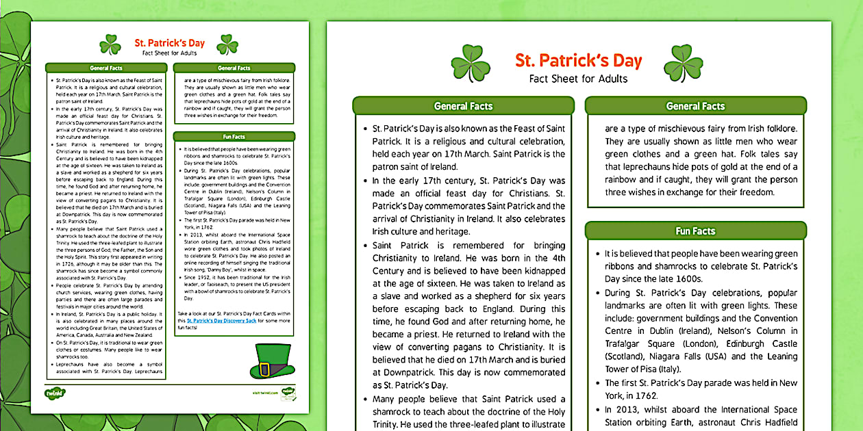 St Patrick's Day Fact Sheet for Adults
