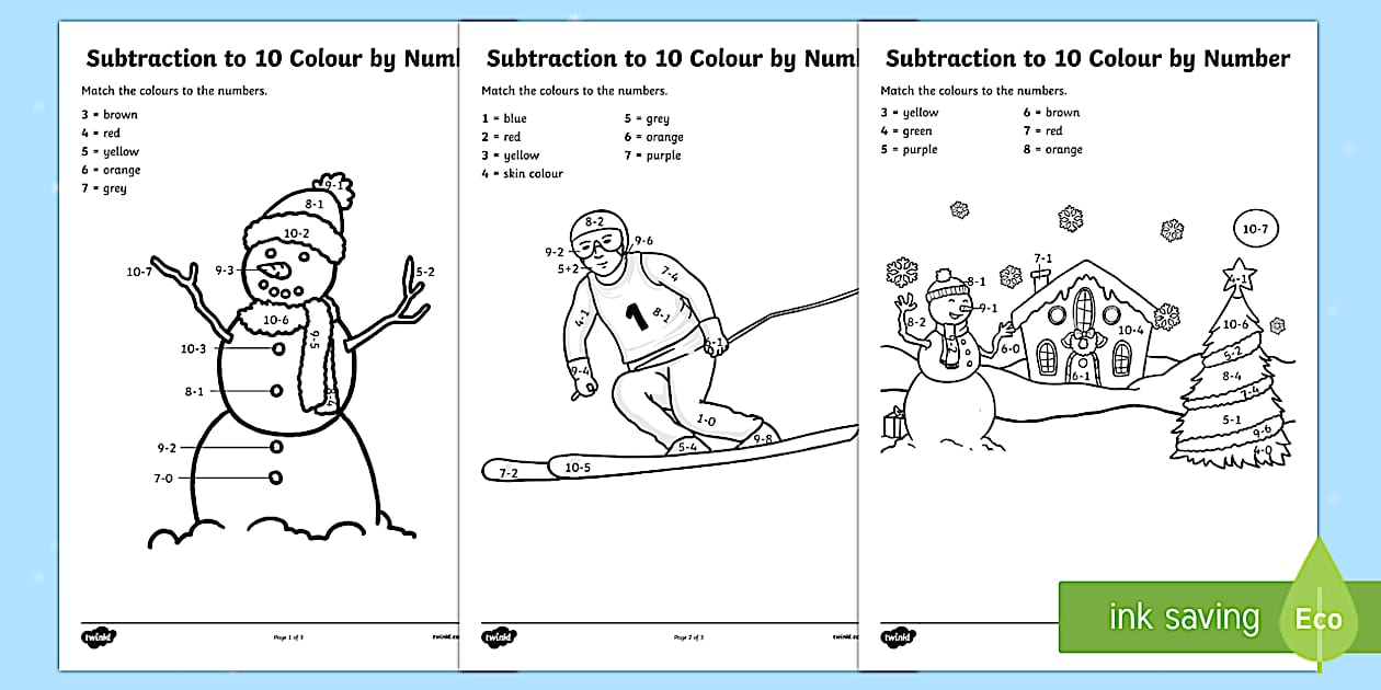 Winter Themed Subtraction to 10 Colour by Number Worksheet / Worksheet