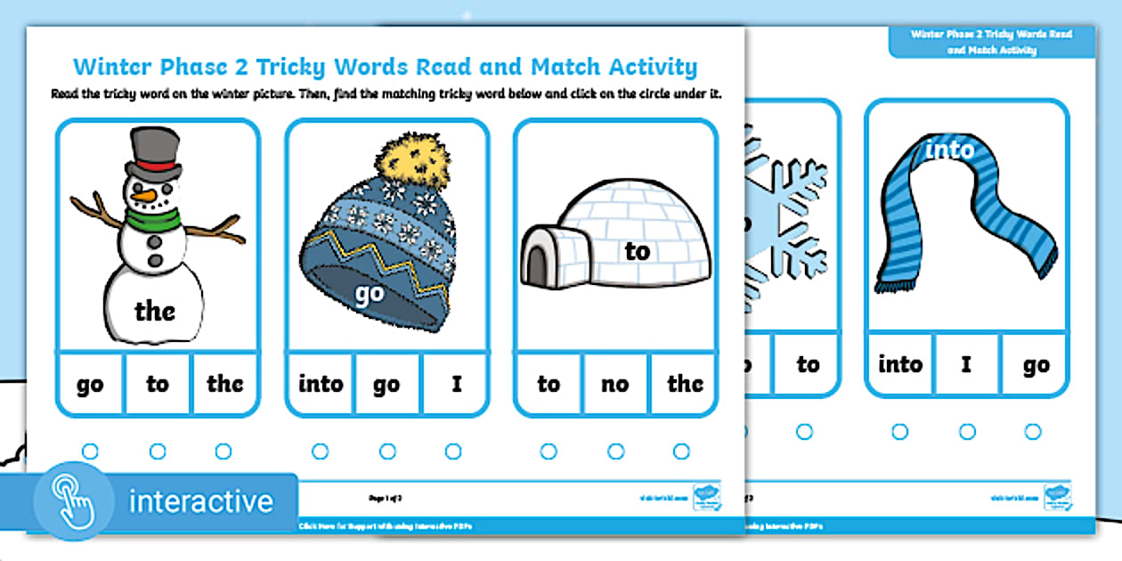 Interactive PDF: Winter-Themed Phase 2 Tricky Words Read and Match Activity