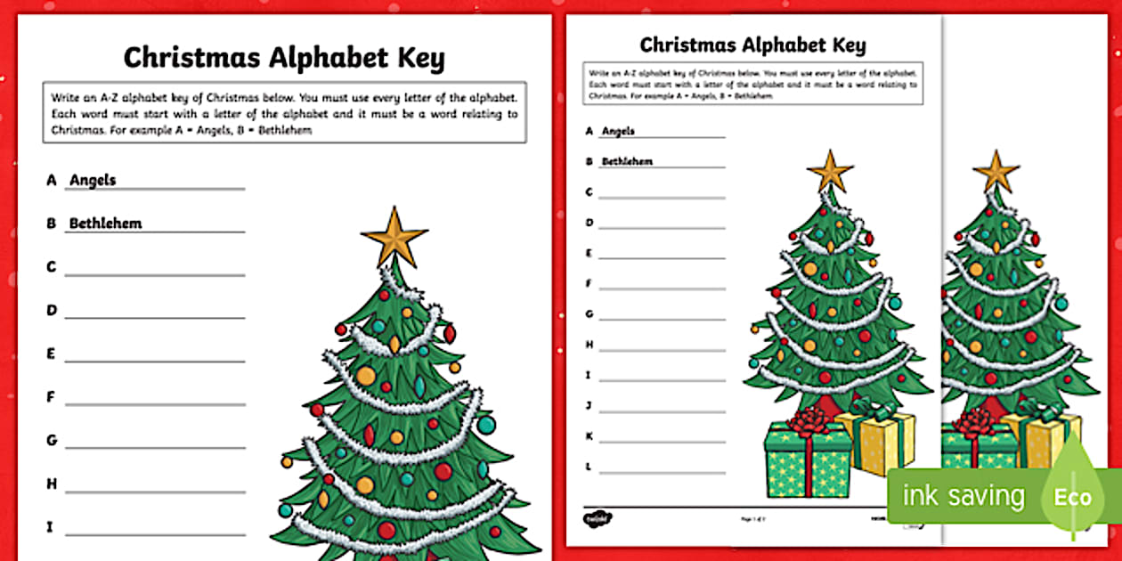 Black and White Christmas Alphabet Key Worksheet - Twinkl
