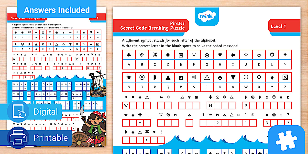Pirate Themed Fun Secret Code Breaking Puzzle - L1 - Twinkl