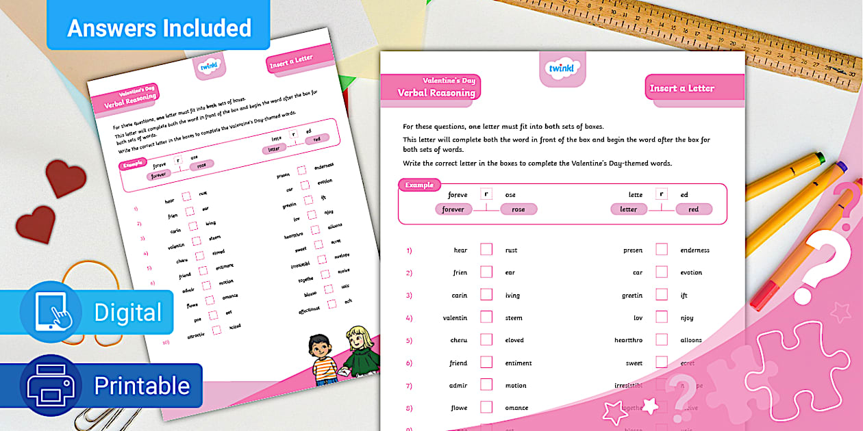 Verbal Reasoning - Valentine's Day Insert a Letter - Twinkl