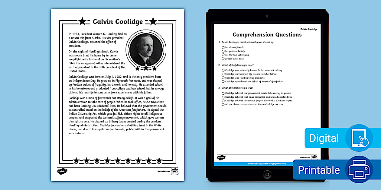 Eighth Gr Calvin Coolidge Reading Passage Comp Worksheet