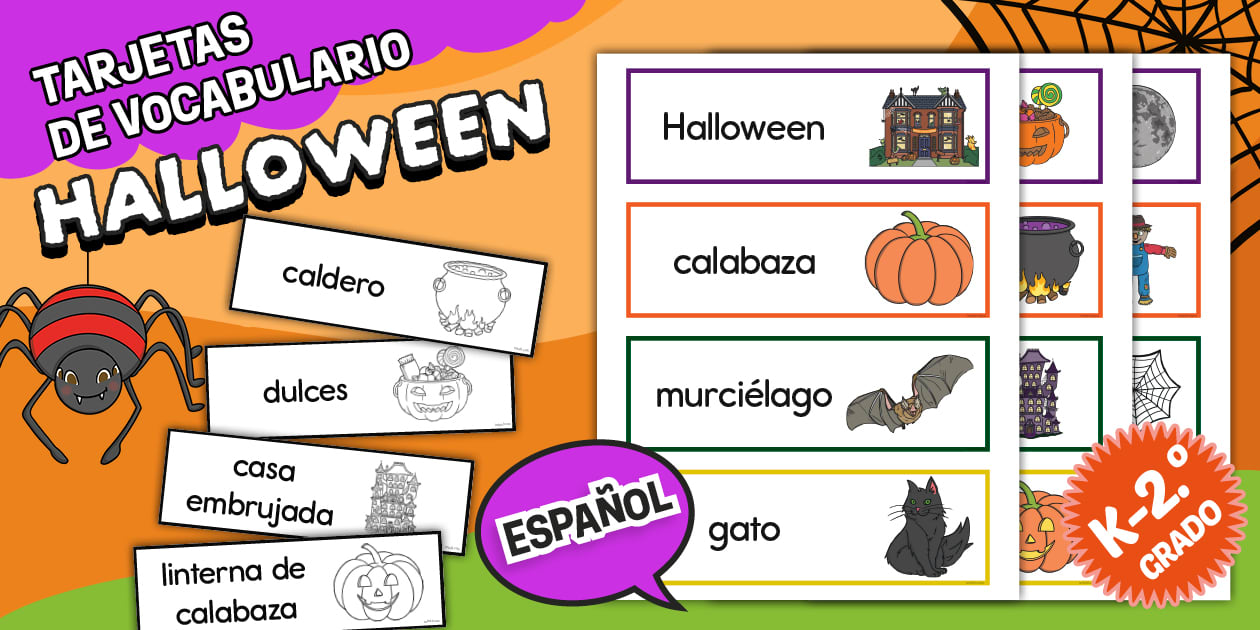 Tarjetas de vocabulario sobre Halloween para kínder a 2.º grado
