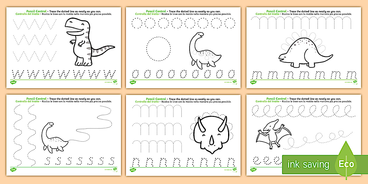 Dinosaur Pencil Control Worksheet / Worksheets - English/Italian - Dinosaur