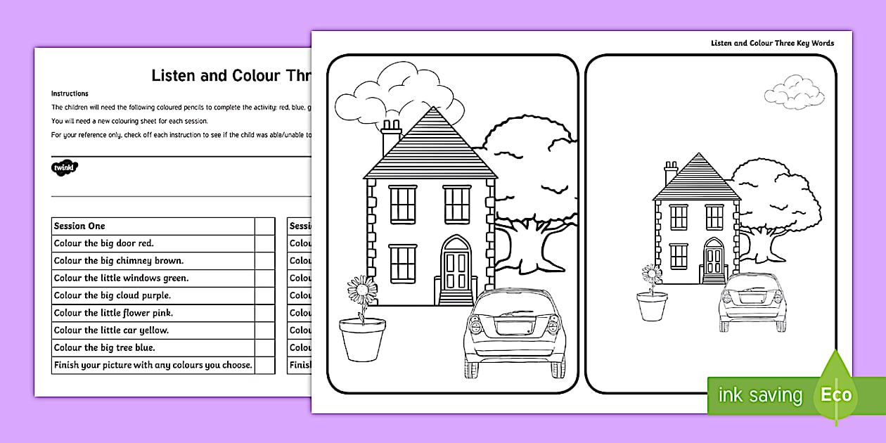 Editable Listen and Colour 3 Key Words Worksheet - Twinkl