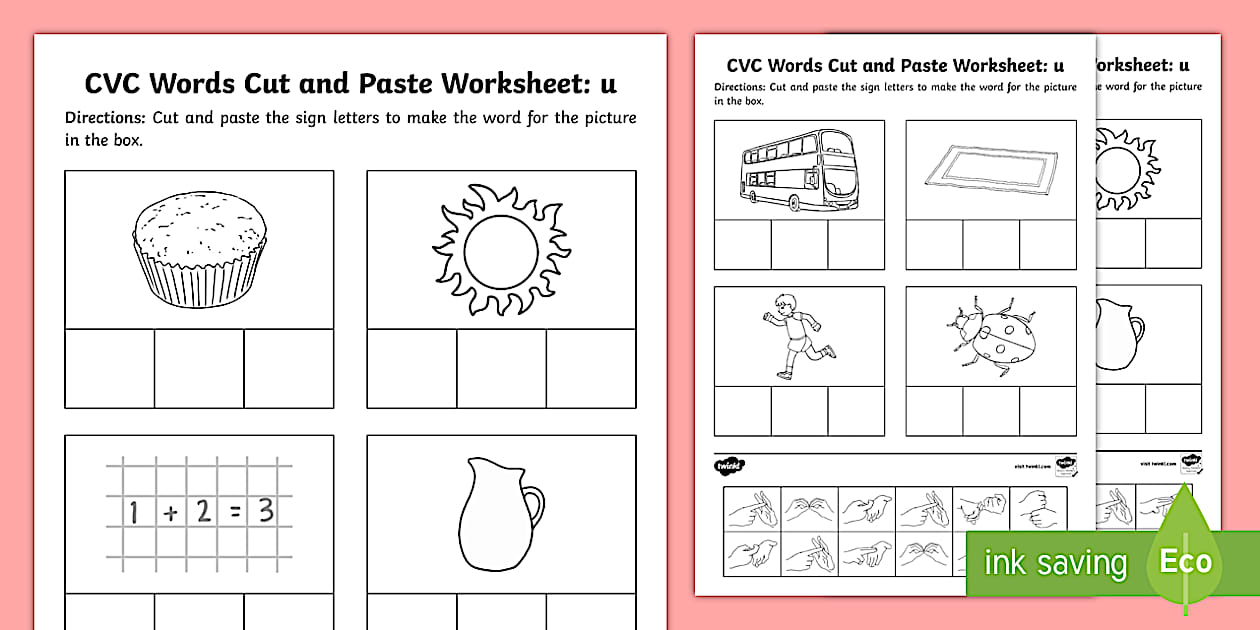 CVC Words Cut and Paste Worksheets u with British Sign Language