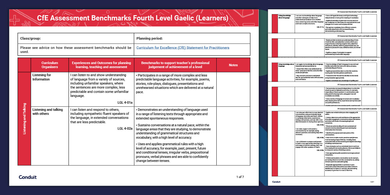 CfE Benchmarks Fourth Level Gaelic (Learners) Assessment Tracker