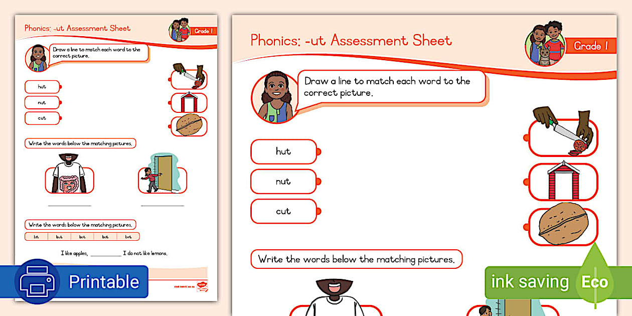 Grade 1 Phonics: -ut Assessment Sheet (teacher made)