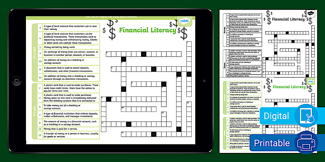 Sixth Grade Financial Literacy Vocabulary Crossword - Twinkl