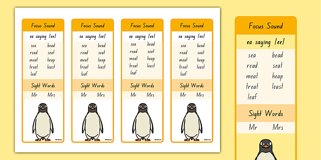 'ea' saying /ee/ Focus Words Bookmarks - Level 5 Week 4