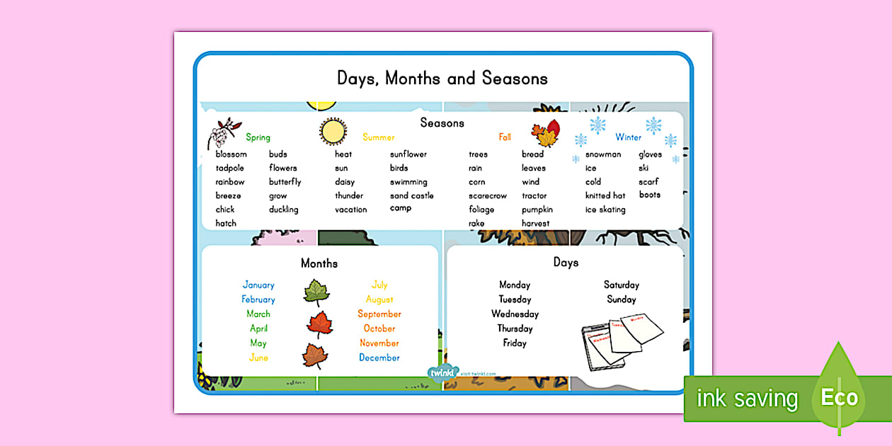 Days, Months and Seasons Word Mat (teacher made) - Twinkl