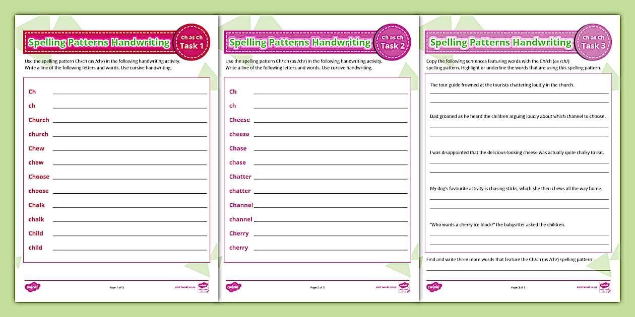 Year 7-8 Ch/ch (as /ch/) Spelling Patterns Handwriting Activity